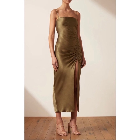Shona Joy | Dresses | Shona Joy Thalia Bias Ruched Midi Dress Cumin ...